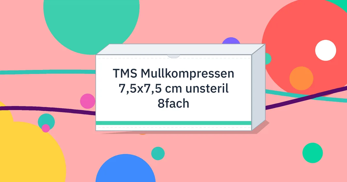 Symbolbild: Packung mit der Aufschrift TMS Mullkompressen 7,5x7,5 cm unsteril 8fach (PZN 18317200) – Verfügbarkeit und Bezug in Apotheken in Frankfurt am Main