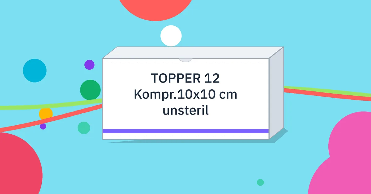 Symbolbild: Packung mit der Aufschrift TOPPER 12 Kompr.10x10 cm unsteril (PZN 04481077) – Verfügbarkeit und Bezug in Apotheken in Frankfurt am Main