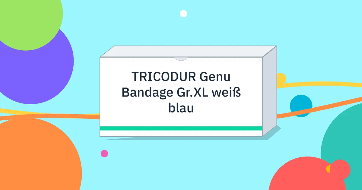Symbolbild: Packung mit der Aufschrift TRICODUR Genu Bandage Gr.XL weiß blau (PZN 03094094) – Verfügbarkeit und Bezug in Apotheken in Frankfurt am Main