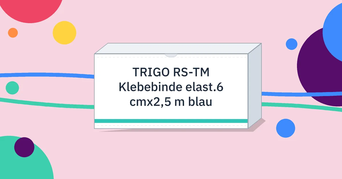 Symbolbild: Packung mit der Aufschrift TRIGO RS-TM Klebebinde elast.6 cmx2,5 m blau (PZN 13153395) – Verfügbarkeit und Bezug in Apotheken in Frankfurt am Main