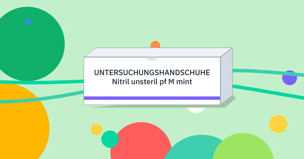 Symbolbild: Packung mit der Aufschrift UNTERSUCHUNGSHANDSCHUHE Nitril unsteril pf M mint (PZN 14399833) – Verfügbarkeit und Bezug in Apotheken in Frankfurt am Main