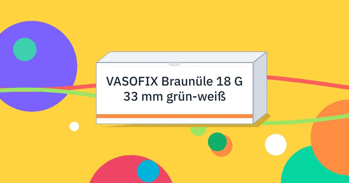 Symbolbild: Packung mit der Aufschrift VASOFIX Braunüle 18 G 33 mm grün-weiß (PZN 00345785) – Verfügbarkeit und Bezug in Apotheken in Frankfurt am Main
