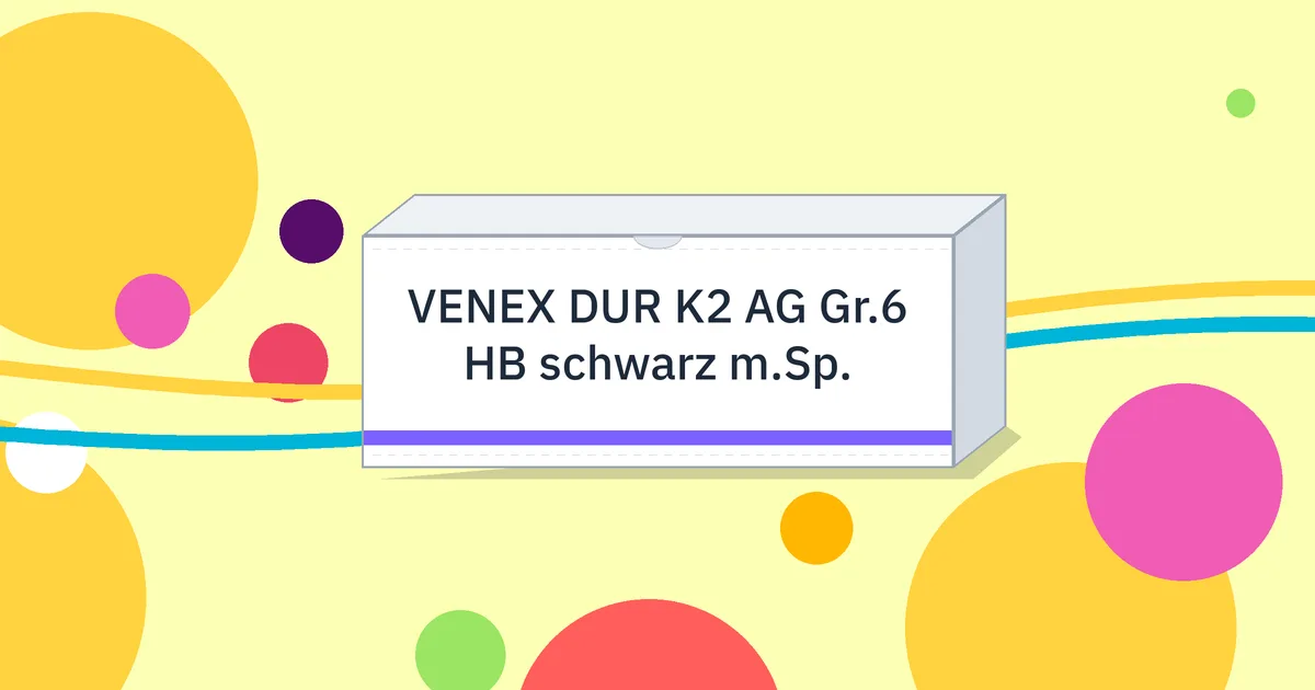 Symbolbild: Packung mit der Aufschrift VENEX DUR K2 AG Gr.6 HB schwarz m.Sp. (PZN 03219070) – Verfügbarkeit und Bezug in Apotheken in Frankfurt am Main