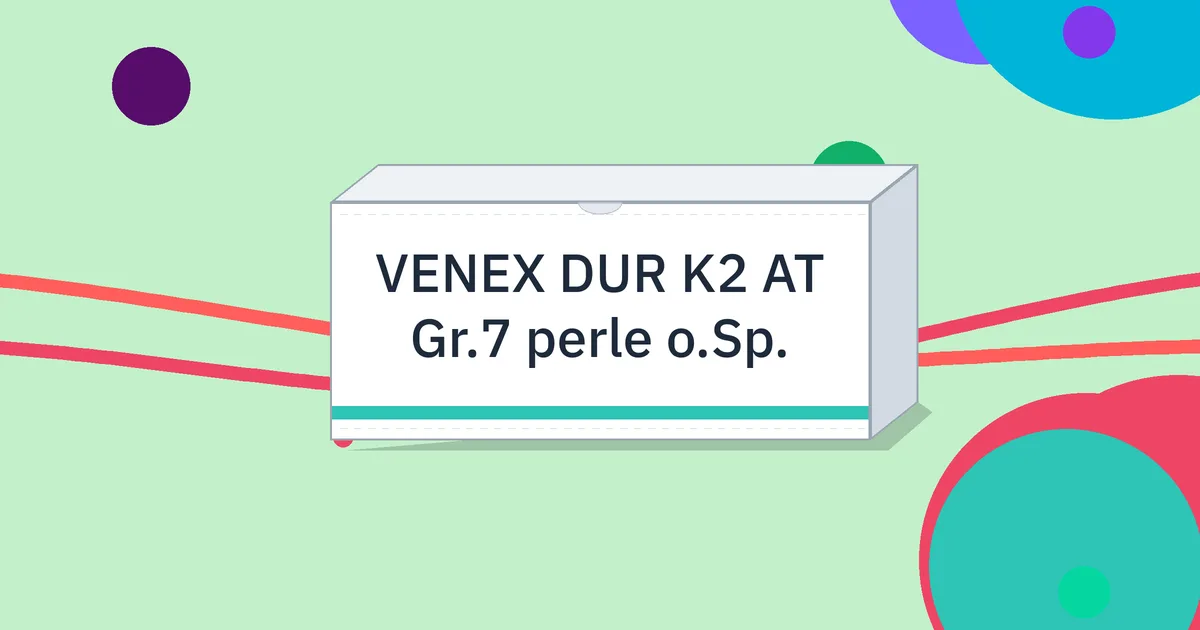 Symbolbild: Packung mit der Aufschrift VENEX DUR K2 AT Gr.7 perle o.Sp. (PZN 03223321) – Verfügbarkeit und Bezug in Apotheken in Frankfurt am Main