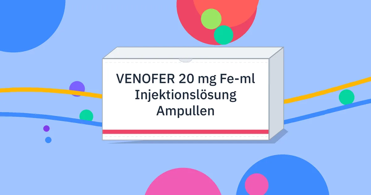 Symbolbild: Packung mit der Aufschrift VENOFER 20 mg Fe-ml Injektionslösung Ampullen (PZN 06493280) – Verfügbarkeit und Bezug in Apotheken in Frankfurt am Main