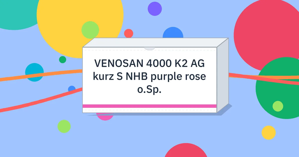 Symbolbild: Packung mit der Aufschrift VENOSAN 4000 K2 AG kurz S NHB purple rose o.Sp. (PZN 18848050) – Verfügbarkeit und Bezug in Apotheken in Frankfurt am Main