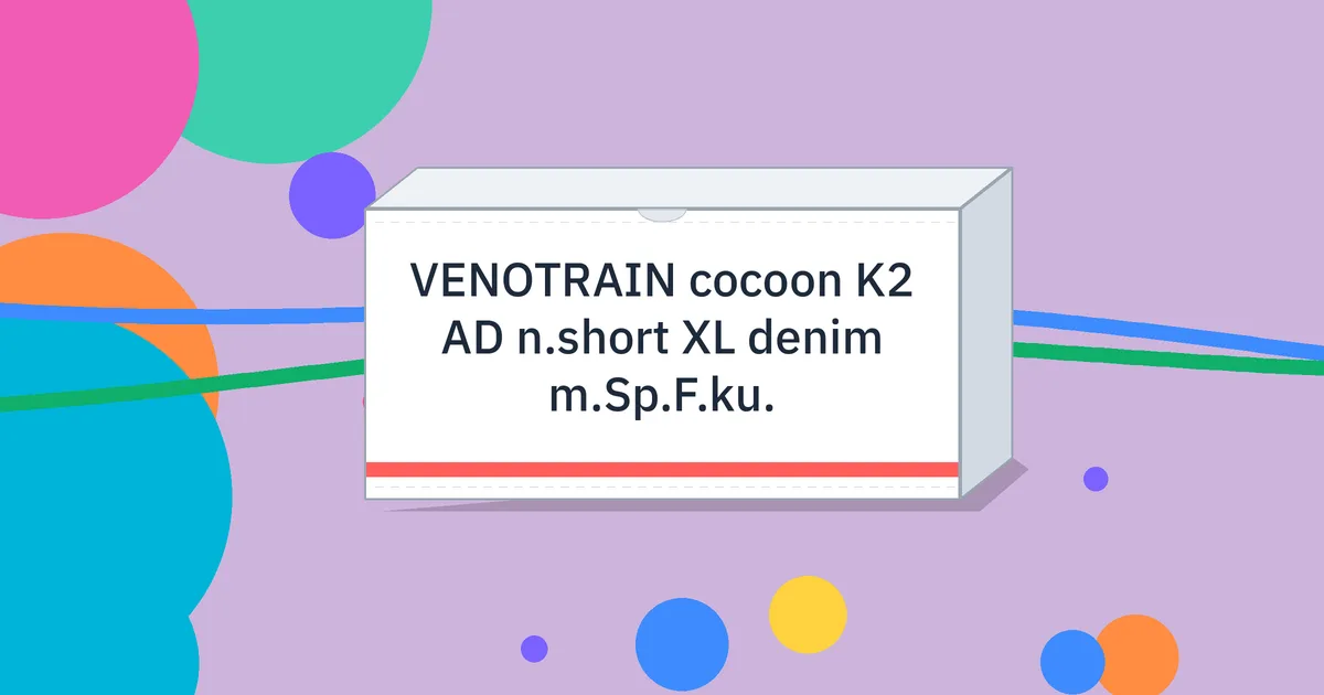 Symbolbild: Packung mit der Aufschrift VENOTRAIN cocoon K2 AD n.short XL denim m.Sp.F.ku. (PZN 19198915) – Verfügbarkeit und Bezug in Apotheken in Frankfurt am Main
