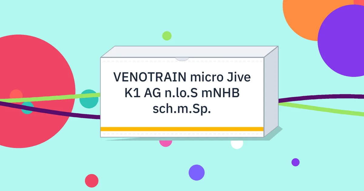 Symbolbild: Packung mit der Aufschrift VENOTRAIN micro Jive K1 AG n.lo.S mNHB sch.m.Sp. (PZN 17762576) – Verfügbarkeit und Bezug in Apotheken in Frankfurt am Main