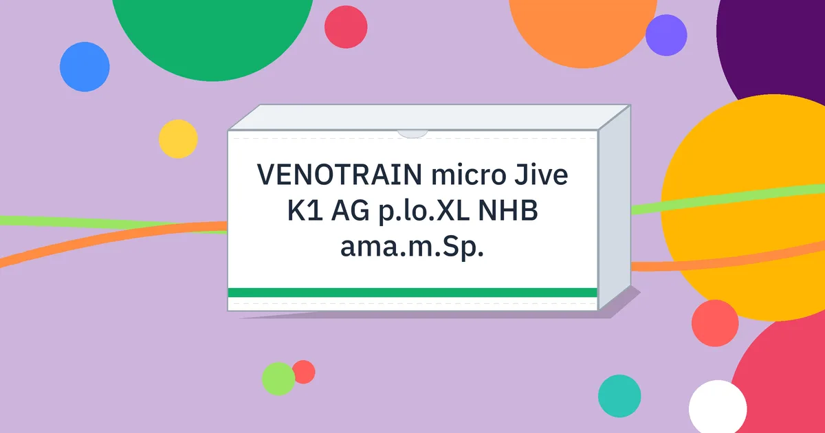 Symbolbild: Packung mit der Aufschrift VENOTRAIN micro Jive K1 AG p.lo.XL NHB ama.m.Sp. (PZN 17765089) – Verfügbarkeit und Bezug in Apotheken in Frankfurt am Main
