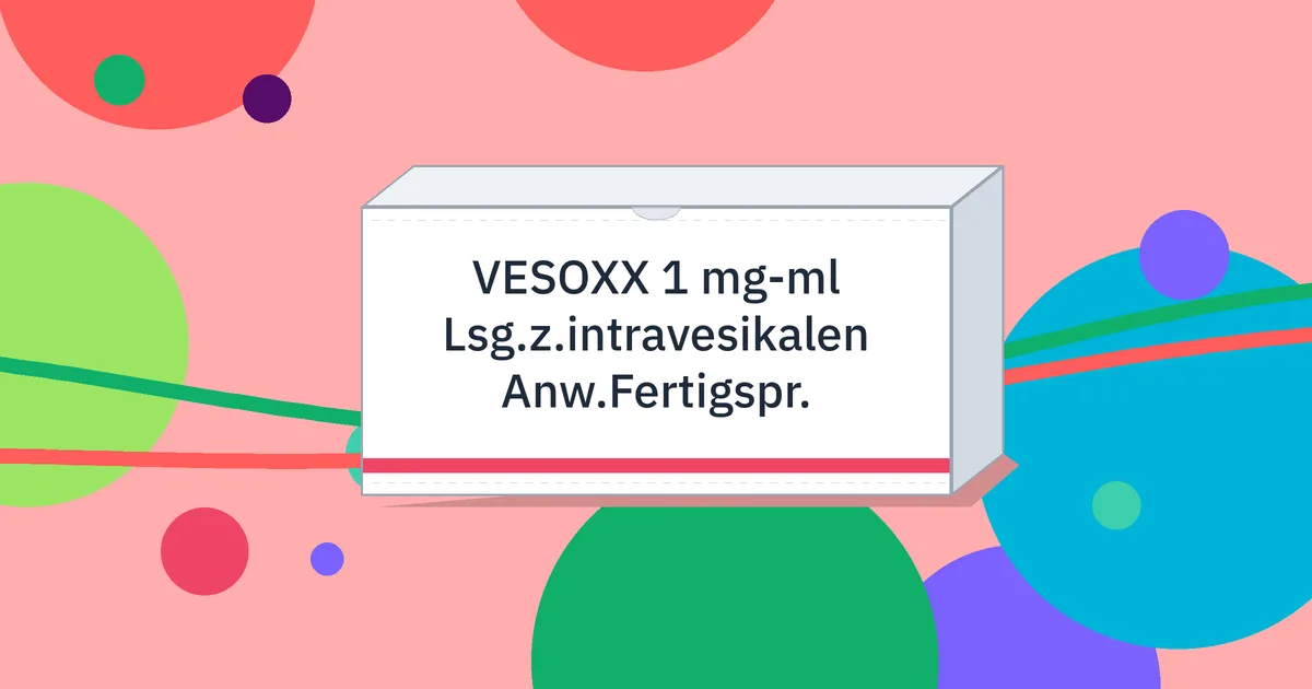 Symbolbild: Packung mit der Aufschrift VESOXX 1 mg-ml Lsg.z.intravesikalen Anw.Fertigspr. (PZN 16941443) – Verfügbarkeit und Bezug in Apotheken in Frankfurt am Main