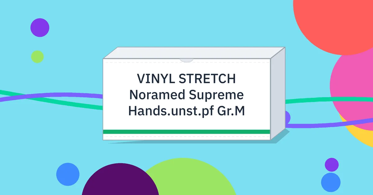 Symbolbild: Packung mit der Aufschrift VINYL STRETCH Noramed Supreme Hands.unst.pf Gr.M (PZN 16355449) – Verfügbarkeit und Bezug in Apotheken in Frankfurt am Main