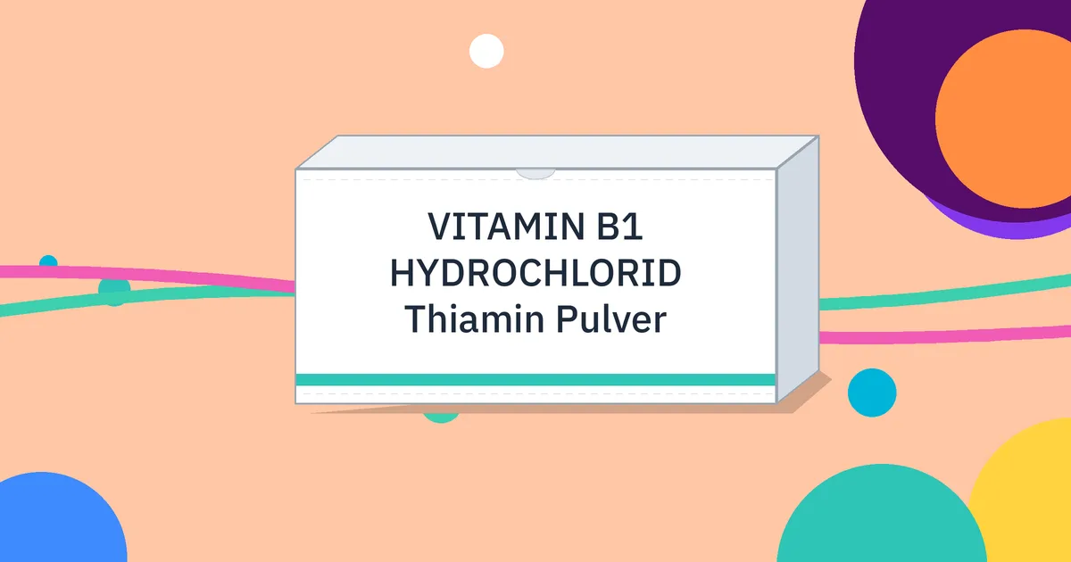 Symbolbild: Packung mit der Aufschrift VITAMIN B1 HYDROCHLORID Thiamin Pulver (PZN 19307876) – Verfügbarkeit und Bezug in Apotheken in Frankfurt am Main