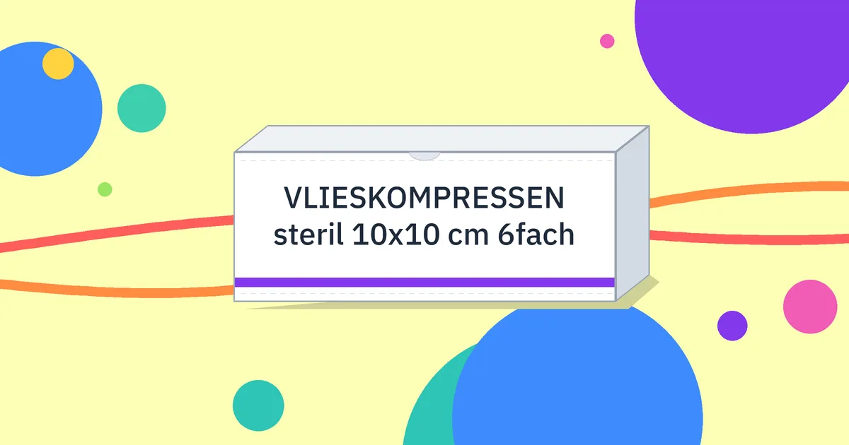 Symbolbild: Packung mit der Aufschrift VLIESKOMPRESSEN steril 10x10 cm 6fach (PZN 11860349) – Verfügbarkeit und Bezug in Apotheken in Frankfurt am Main