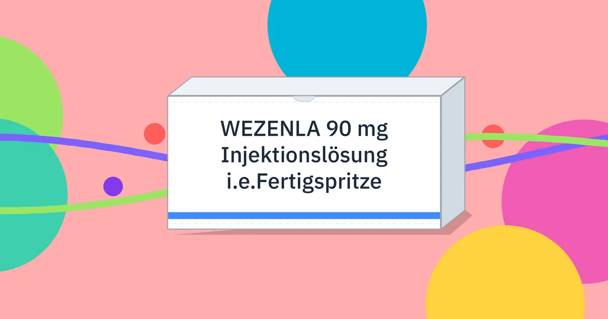 Symbolbild: Packung mit der Aufschrift WEZENLA 90 mg Injektionslösung i.e.Fertigspritze (PZN 19873570) – Verfügbarkeit und Bezug in Apotheken in Frankfurt am Main