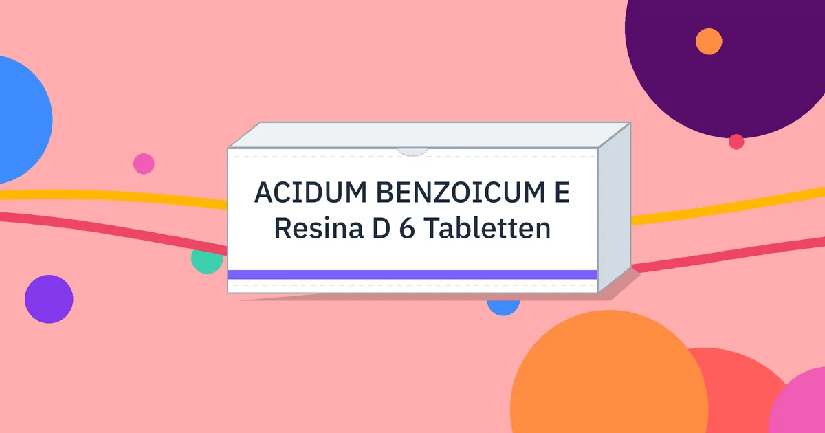 Symbolbild: Packung mit der Aufschrift ACIDUM BENZOICUM E Resina D 6 Tabletten (PZN 02624058) – Verfügbarkeit und Bezug in Apotheken in Frankfurt am Main
