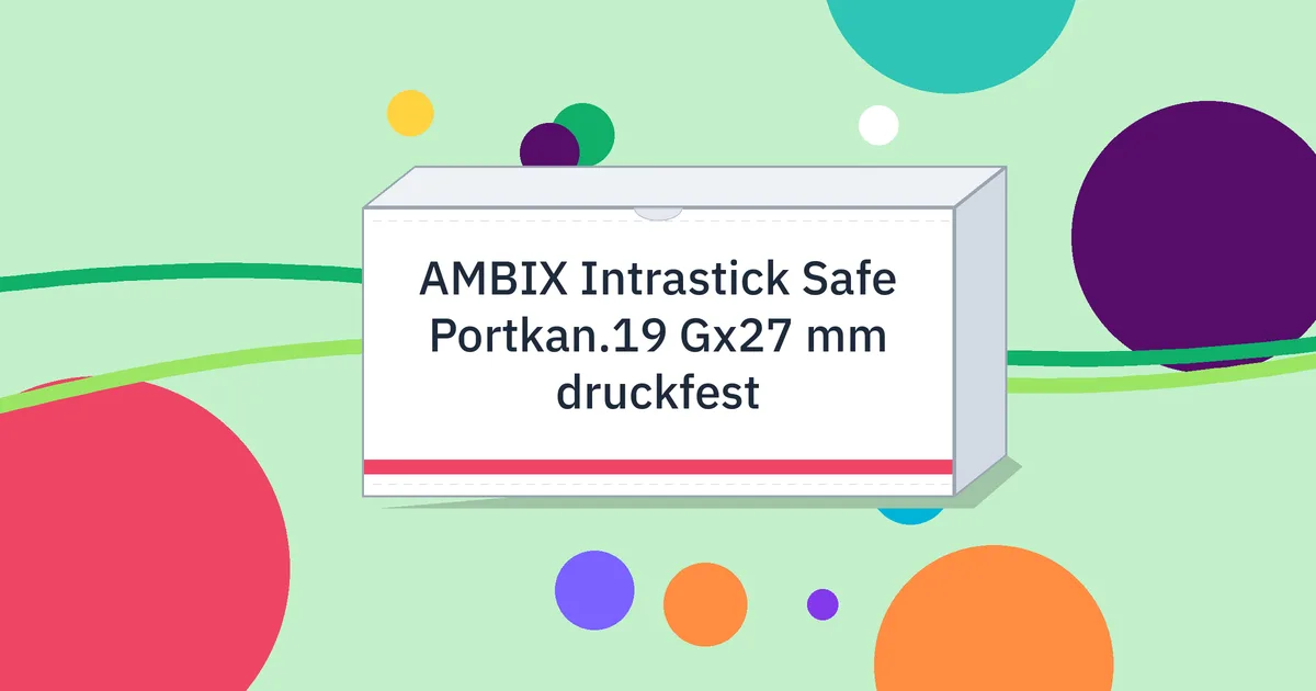 Symbolbild: Packung mit der Aufschrift AMBIX Intrastick Safe Portkan.19 Gx27 mm druckfest (PZN 10116695) – Verfügbarkeit und Bezug in Apotheken in Frankfurt am Main