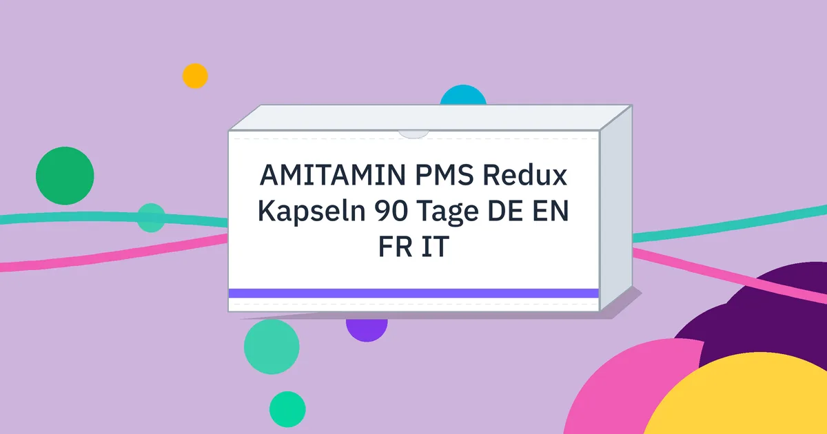 Symbolbild: Packung mit der Aufschrift AMITAMIN PMS Redux Kapseln 90 Tage DE EN FR IT (PZN 18189831) – Verfügbarkeit und Bezug in Apotheken in Frankfurt am Main