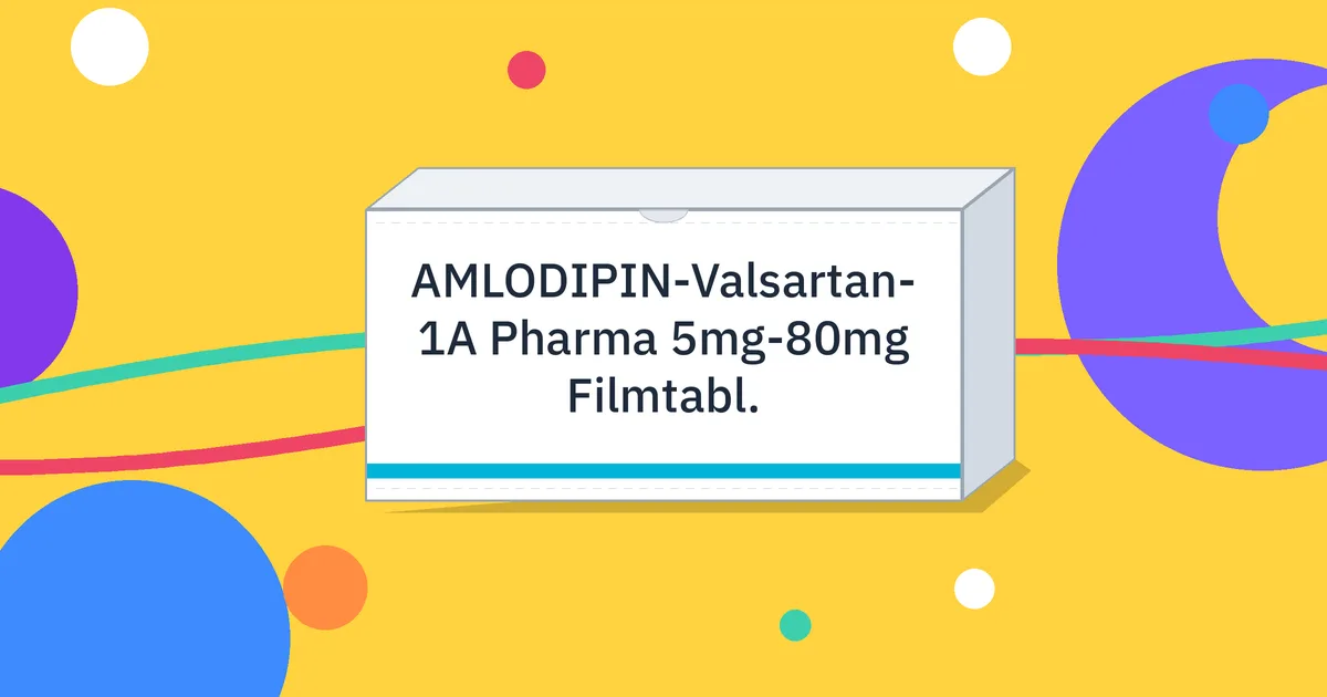 Symbolbild: Packung mit der Aufschrift AMLODIPIN-Valsartan-1A Pharma 5mg-80mg Filmtabl. (PZN 12488900) – Verfügbarkeit und Bezug in Apotheken in Frankfurt am Main