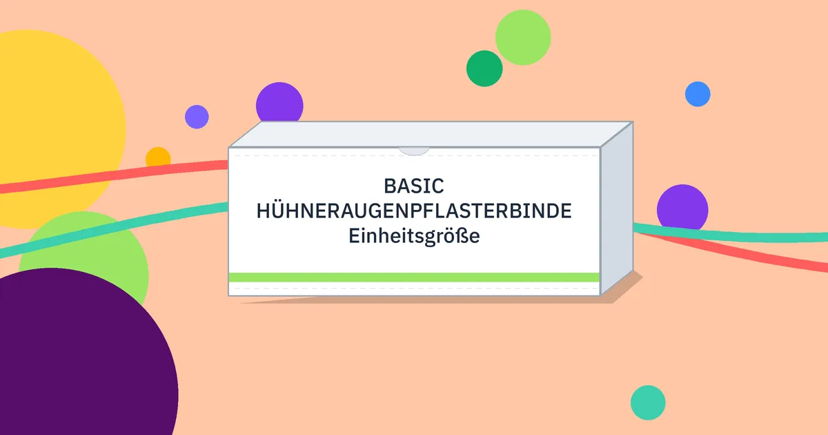 Symbolbild: Packung mit der Aufschrift BASIC HÜHNERAUGENPFLASTERBINDE Einheitsgröße (PZN 15380505) – Verfügbarkeit und Bezug in Apotheken in Frankfurt am Main