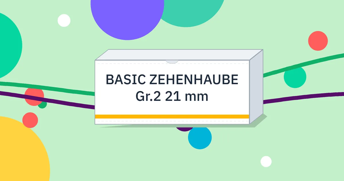 Symbolbild: Packung mit der Aufschrift BASIC ZEHENHAUBE Gr.2 21 mm (PZN 15380681) – Verfügbarkeit und Bezug in Apotheken in Frankfurt am Main