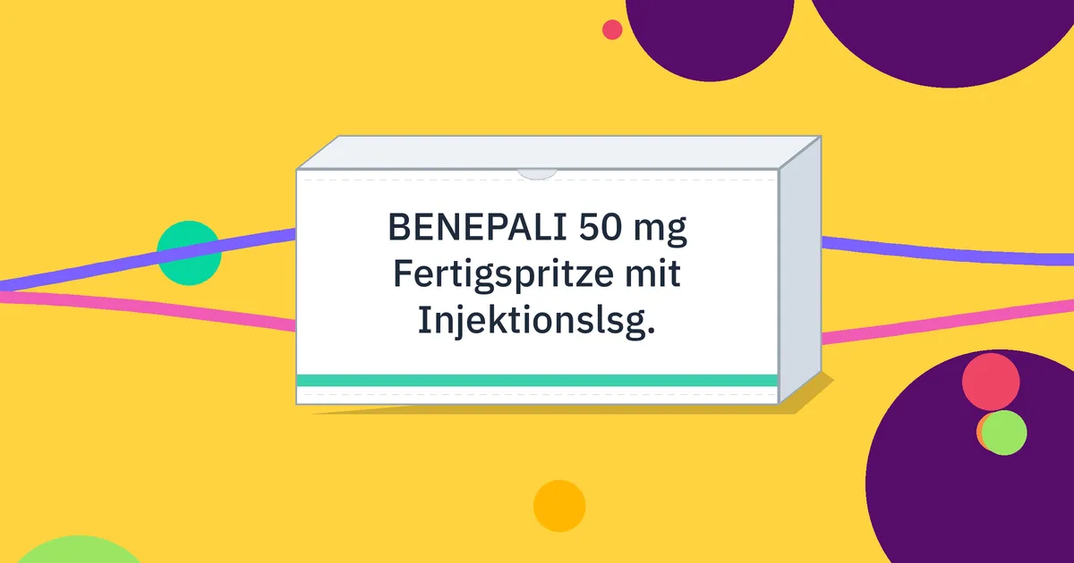 Symbolbild: Packung mit der Aufschrift BENEPALI 50 mg Fertigspritze mit Injektionslsg. (PZN 19819493) – Verfügbarkeit und Bezug in Apotheken in Frankfurt am Main