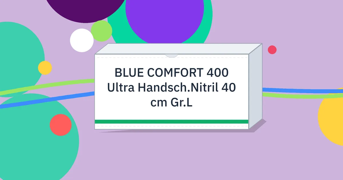 Symbolbild: Packung mit der Aufschrift BLUE COMFORT 400 Ultra Handsch.Nitril 40 cm Gr.L (PZN 10127782) – Verfügbarkeit und Bezug in Apotheken in Frankfurt am Main