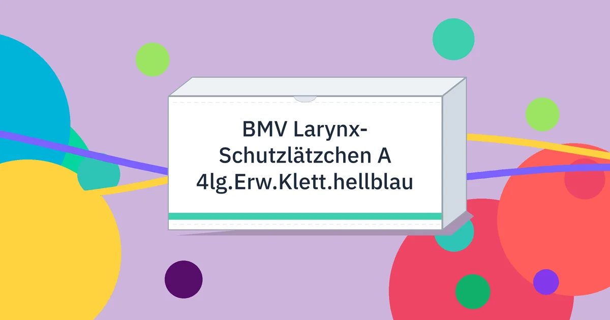 Symbolbild: Packung mit der Aufschrift BMV Larynx-Schutzlätzchen A 4lg.Erw.Klett.hellblau (PZN 10083398) – Verfügbarkeit und Bezug in Apotheken in Frankfurt am Main