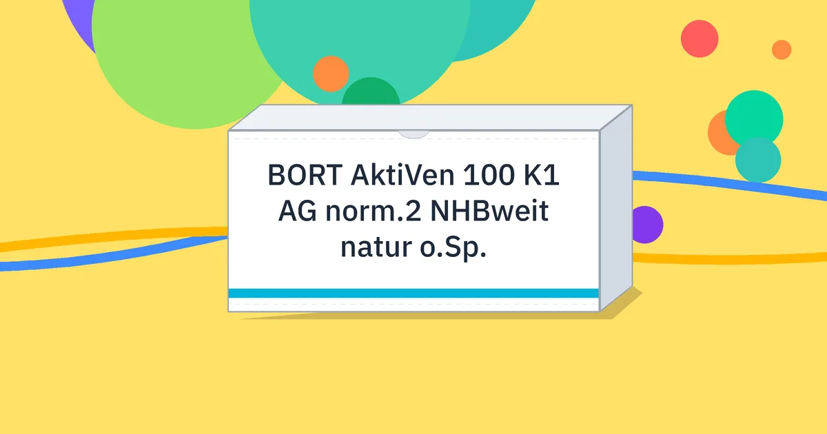 Symbolbild: Packung mit der Aufschrift BORT AktiVen 100 K1 AG norm.2 NHBweit natur o.Sp. (PZN 13729435) – Verfügbarkeit und Bezug in Apotheken in Frankfurt am Main