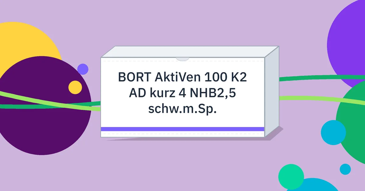 Symbolbild: Packung mit der Aufschrift BORT AktiVen 100 K2 AD kurz 4 NHB2,5 schw.m.Sp. (PZN 17501893) – Verfügbarkeit und Bezug in Apotheken in Frankfurt am Main