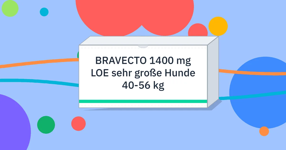 Symbolbild: Packung mit der Aufschrift BRAVECTO 1400 mg LOE sehr große Hunde 40-56 kg (PZN 12642583) – Verfügbarkeit und Bezug in Apotheken in Frankfurt am Main