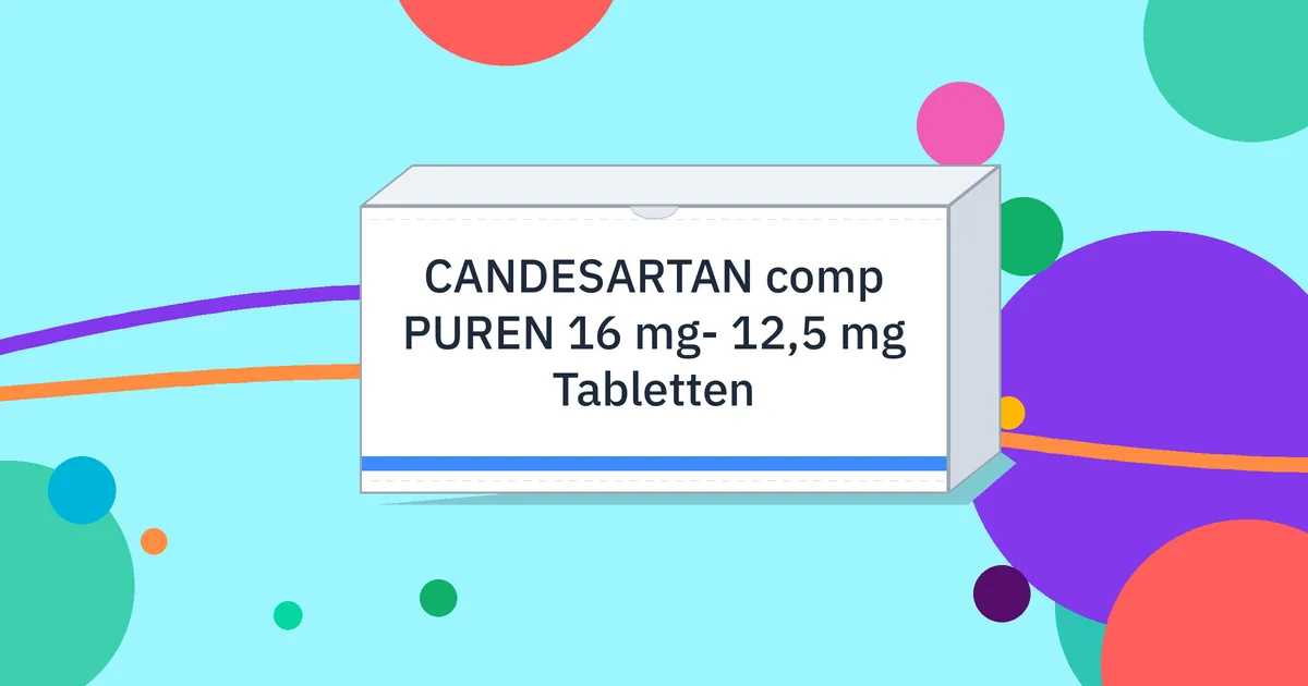 Symbolbild: Packung mit der Aufschrift CANDESARTAN comp PUREN 16 mg- 12,5 mg Tabletten (PZN 11353960) – Verfügbarkeit und Bezug in Apotheken in Frankfurt am Main