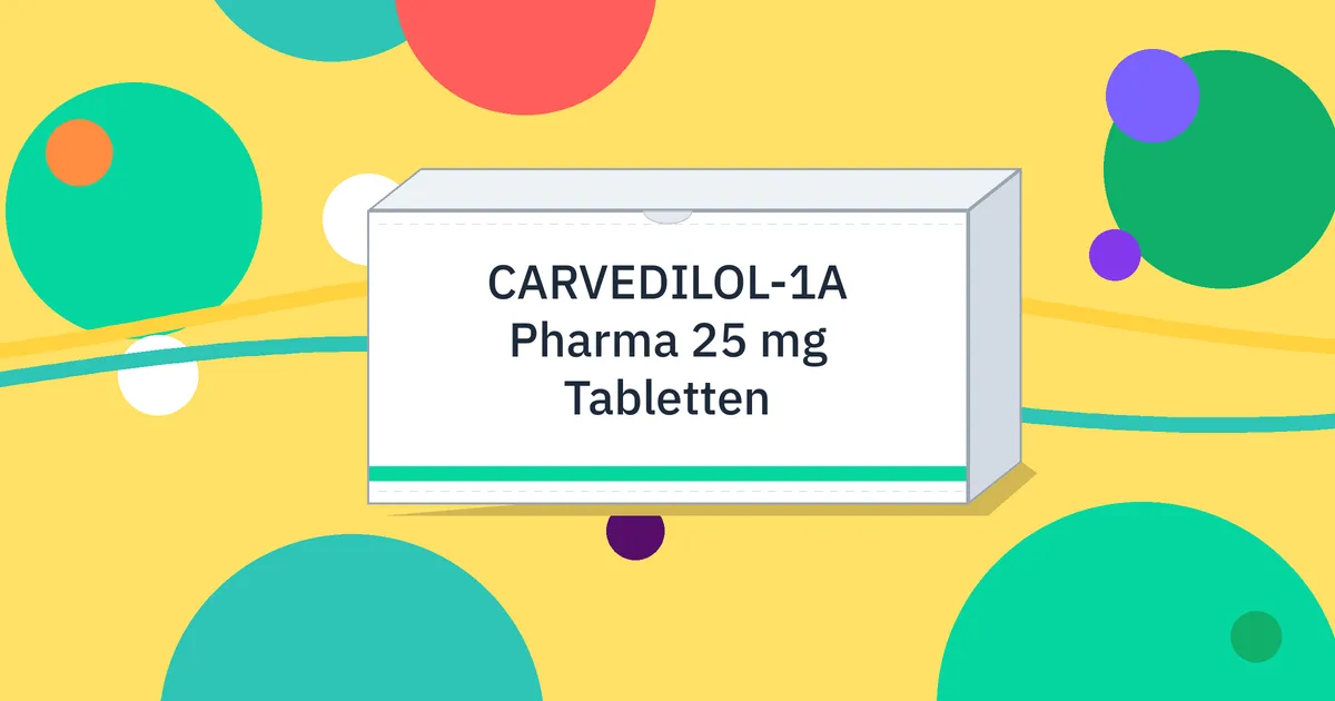 Symbolbild: Packung mit der Aufschrift CARVEDILOL-1A Pharma 25 mg Tabletten (PZN 00819102) – Verfügbarkeit und Bezug in Apotheken in Frankfurt am Main