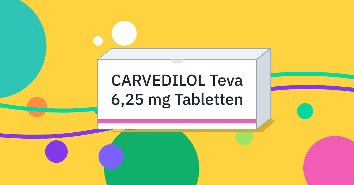 Symbolbild: Packung mit der Aufschrift CARVEDILOL Teva 6,25 mg Tabletten (PZN 05748594) – Verfügbarkeit und Bezug in Apotheken in Frankfurt am Main