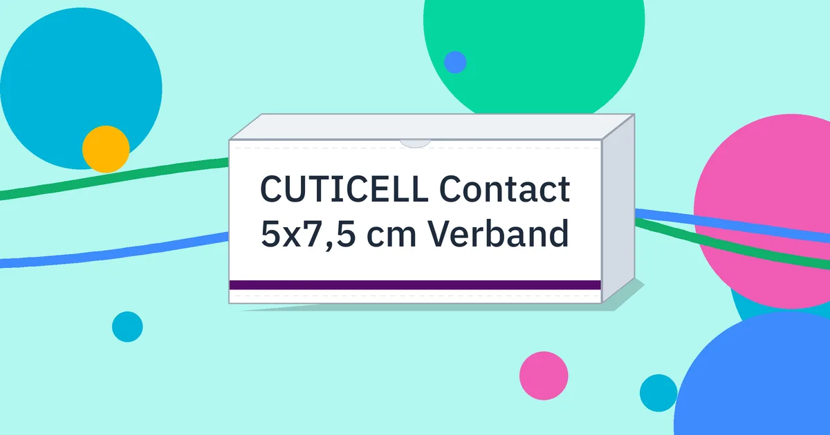 Symbolbild: Packung mit der Aufschrift CUTICELL Contact 5x7,5 cm Verband (PZN 19422821) – Verfügbarkeit und Bezug in Apotheken in Frankfurt am Main