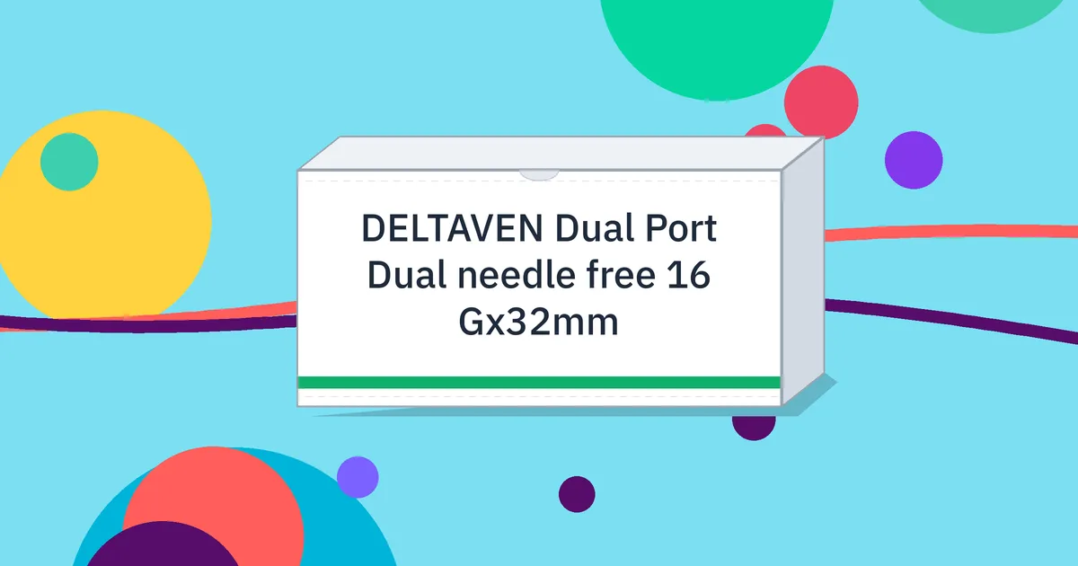 Symbolbild: Packung mit der Aufschrift DELTAVEN Dual Port Dual needle free 16 Gx32mm (PZN 18873875) – Verfügbarkeit und Bezug in Apotheken in Frankfurt am Main
