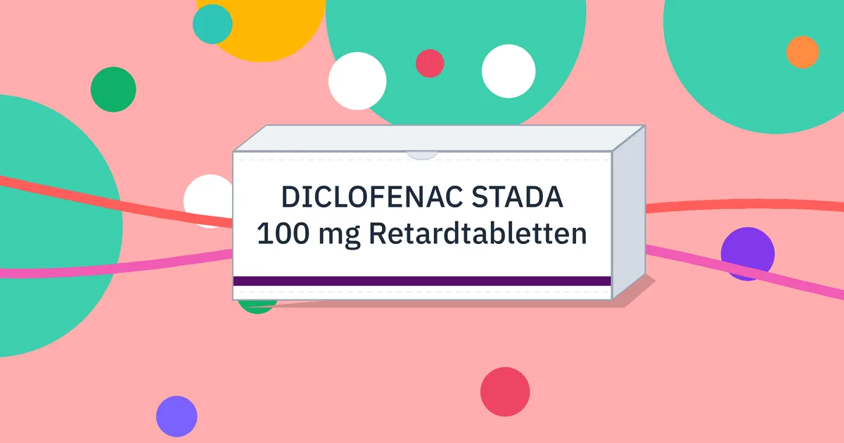 Symbolbild: Packung mit der Aufschrift DICLOFENAC STADA 100 mg Retardtabletten (PZN 03472194) – Verfügbarkeit und Bezug in Apotheken in Frankfurt am Main