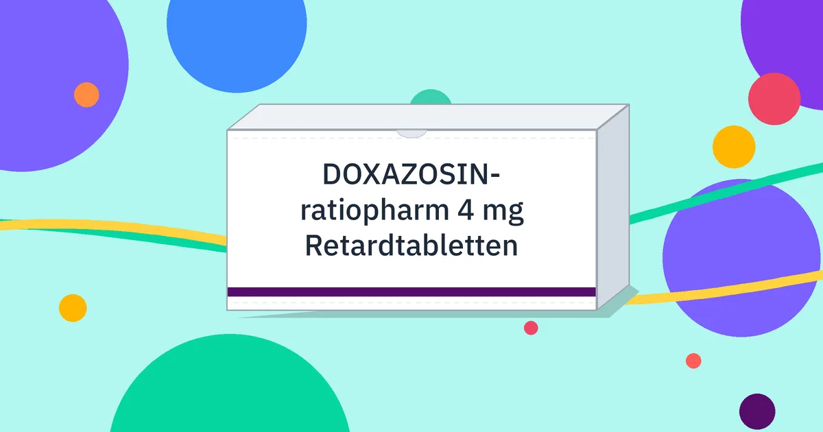Symbolbild: Packung mit der Aufschrift DOXAZOSIN-ratiopharm 4 mg Retardtabletten (PZN 03676991) – Verfügbarkeit und Bezug in Apotheken in Frankfurt am Main