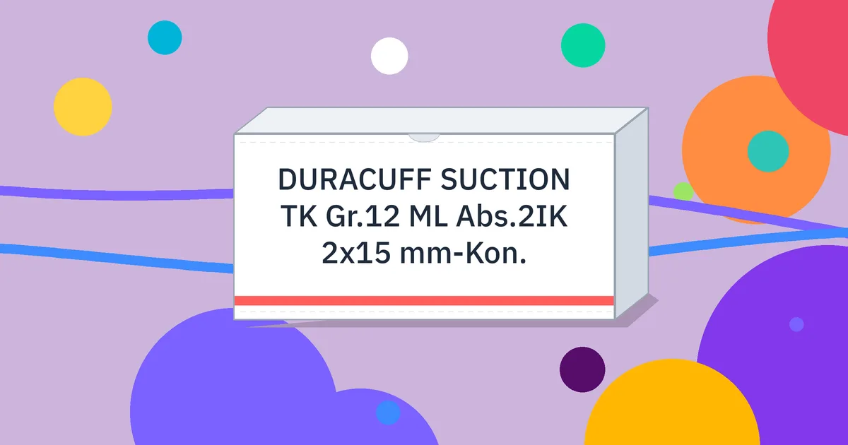 Symbolbild: Packung mit der Aufschrift DURACUFF SUCTION TK Gr.12 ML Abs.2IK 2x15 mm-Kon. (PZN 04961280) – Verfügbarkeit und Bezug in Apotheken in Frankfurt am Main