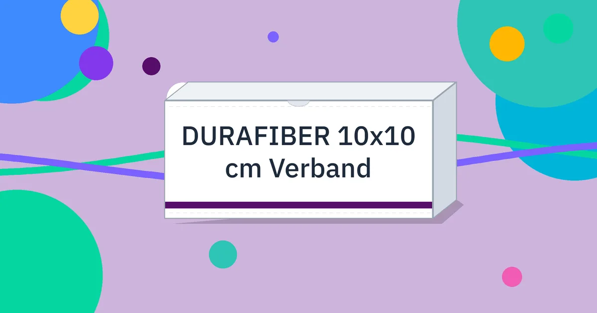 Symbolbild: Packung mit der Aufschrift DURAFIBER 10x10 cm Verband (PZN 06571850) – Verfügbarkeit und Bezug in Apotheken in Frankfurt am Main
