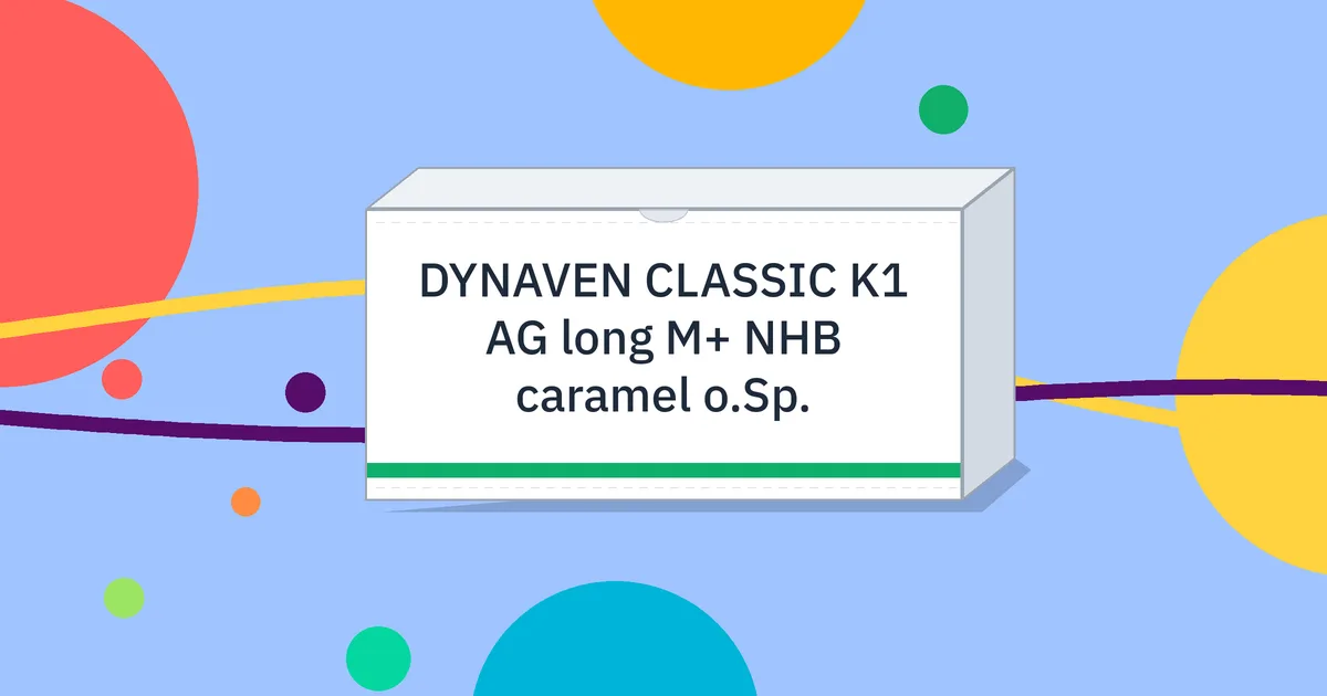 Symbolbild: Packung mit der Aufschrift DYNAVEN CLASSIC K1 AG long M+ NHB caramel o.Sp. (PZN 18415569) – Verfügbarkeit und Bezug in Apotheken in Frankfurt am Main