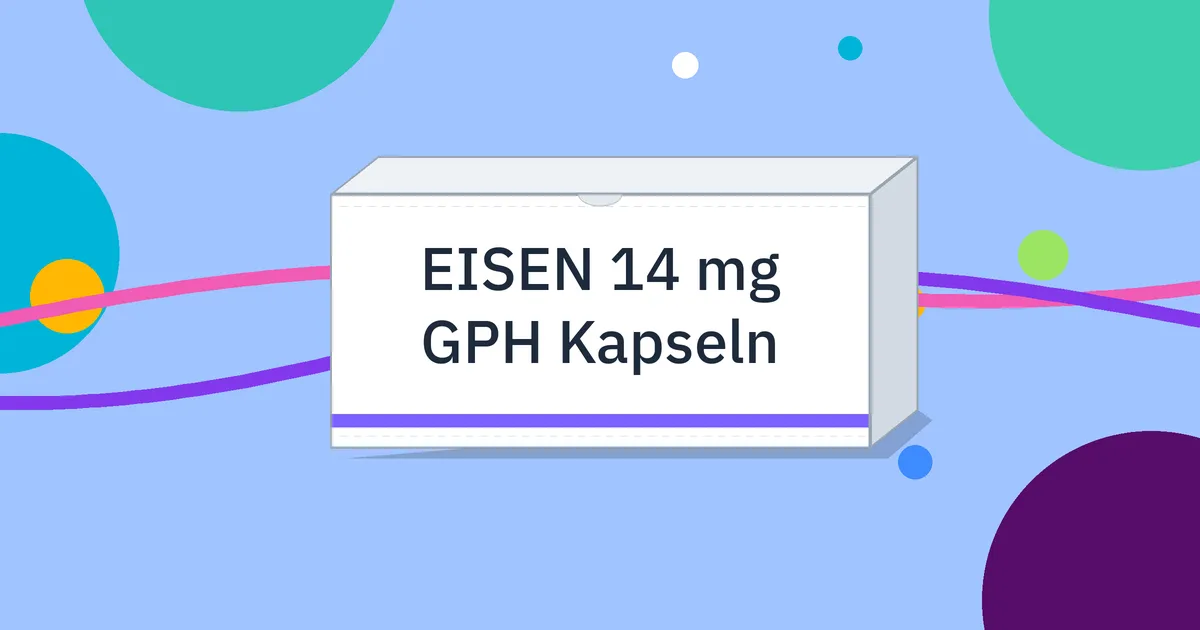 Symbolbild: Packung mit der Aufschrift EISEN 14 mg GPH Kapseln (PZN 07603865) – Verfügbarkeit und Bezug in Apotheken in Frankfurt am Main