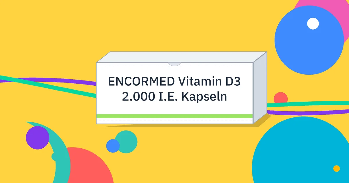 Symbolbild: Packung mit der Aufschrift ENCORMED Vitamin D3 2.000 I.E. Kapseln (PZN 11858370) – Verfügbarkeit und Bezug in Apotheken in Frankfurt am Main