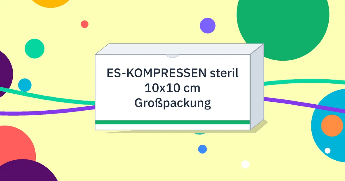 Symbolbild: Packung mit der Aufschrift ES-KOMPRESSEN steril 10x10 cm Großpackung (PZN 18715633) – Verfügbarkeit und Bezug in Apotheken in Frankfurt am Main