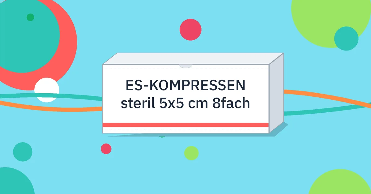 Symbolbild: Packung mit der Aufschrift ES-KOMPRESSEN steril 5x5 cm 8fach (PZN 18375901) – Verfügbarkeit und Bezug in Apotheken in Frankfurt am Main