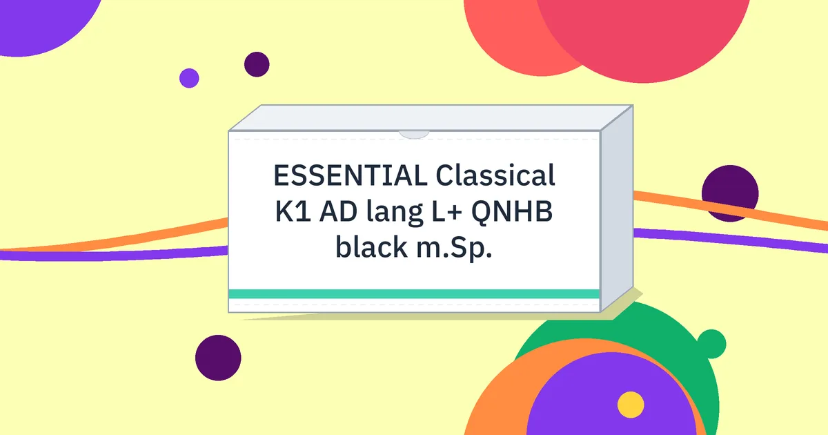 Symbolbild: Packung mit der Aufschrift ESSENTIAL Classical K1 AD lang L+ QNHB black m.Sp. (PZN 18866800) – Verfügbarkeit und Bezug in Apotheken in Frankfurt am Main