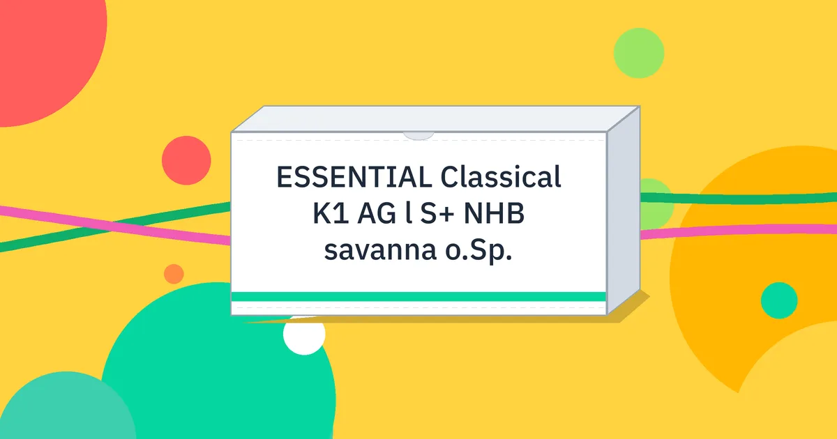 Symbolbild: Packung mit der Aufschrift ESSENTIAL Classical K1 AG l S+ NHB savanna o.Sp. (PZN 19308025) – Verfügbarkeit und Bezug in Apotheken in Frankfurt am Main