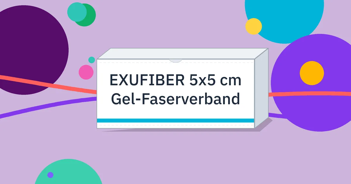 Symbolbild: Packung mit der Aufschrift EXUFIBER 5x5 cm Gel-Faserverband (PZN 19068035) – Verfügbarkeit und Bezug in Apotheken in Frankfurt am Main
