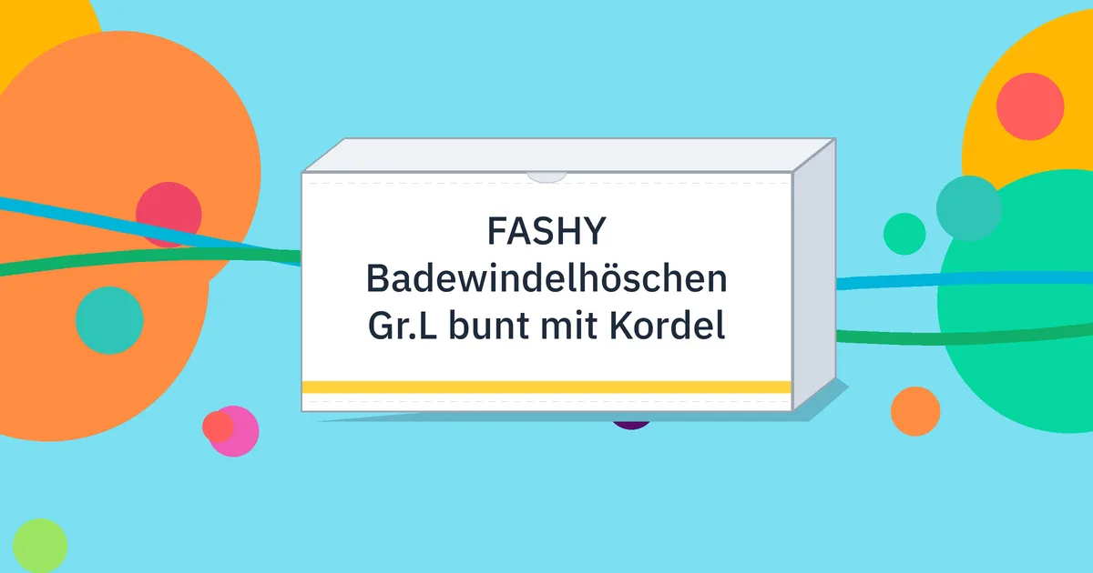 Symbolbild: Packung mit der Aufschrift FASHY Badewindelhöschen Gr.L bunt mit Kordel (PZN 01497729) – Verfügbarkeit und Bezug in Apotheken in Frankfurt am Main