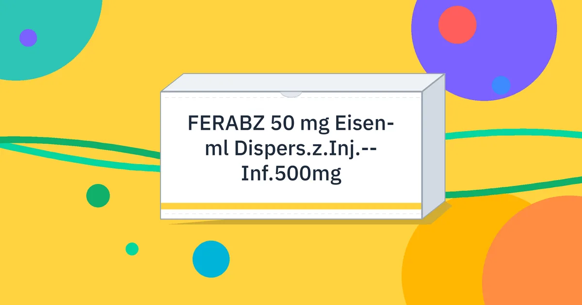Symbolbild: Packung mit der Aufschrift FERABZ 50 mg Eisen-ml Dispers.z.Inj.--Inf.500mg (PZN 19128518) – Verfügbarkeit und Bezug in Apotheken in Frankfurt am Main