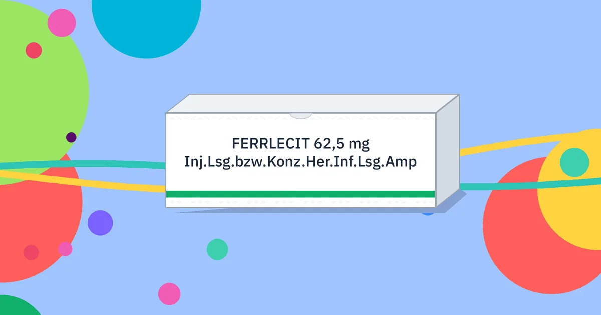 Symbolbild: Packung mit der Aufschrift FERRLECIT 62,5 mg Inj.Lsg.bzw.Konz.Her.Inf.Lsg.Amp (PZN 05523872) – Verfügbarkeit und Bezug in Apotheken in Frankfurt am Main